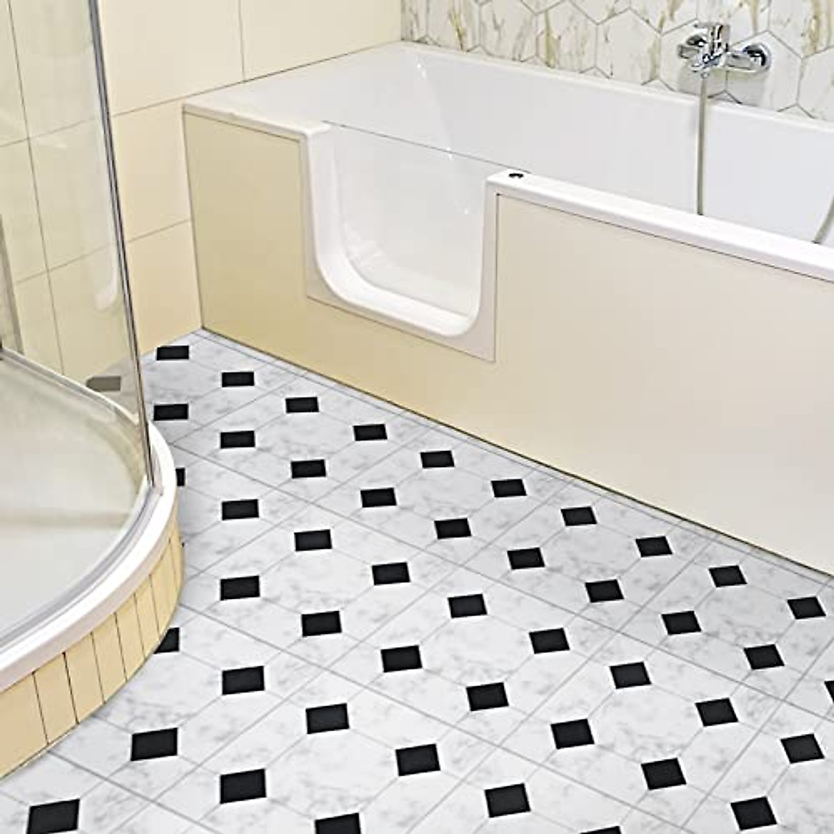 CiCiwind Peel and Stick Floor Tiles 12 PCS-12" x 12" Self Adhesive Black & White Marble Lattic Pattern Floor Tiles for Bathrooms，Kitchen，Living Room，Dining Room