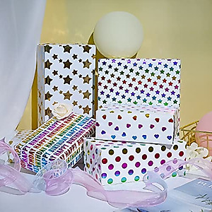 Gift Wrapping Paper Birthday, 6 Sheets Metallic Foil Wrapping Paper Set Colorful Gold Heart Dots Star Happy Birthday Wrapping Paper for Women Men, Gift Wrapping Paper for Any Occasions, 27x19 Inches