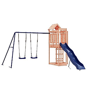 Loibinfen Outdoor Playset Solid Wood Douglas, Garden Play Set with 1 Play Tower, 1 Wave Slide, 1 Double Swing Set, Modern Outdoor Backyard Children's Climbing Wood Playground Playset,-4553