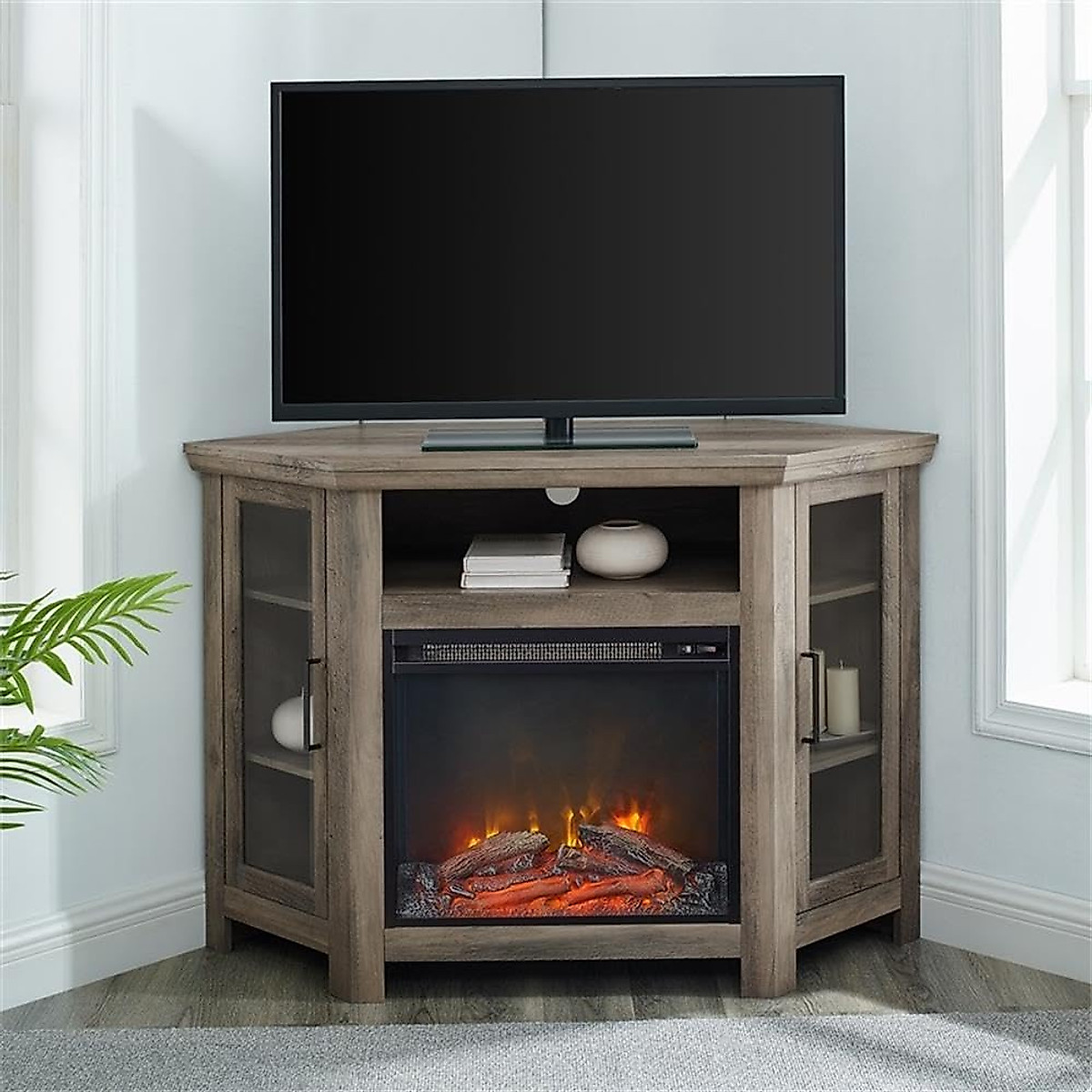 Walker Edison 48" MDF Corner Fireplace TV Stand - Grey Wash
