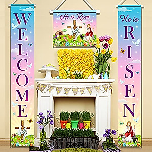 He is Risen Porch Sign-Religious Easter Supplies,3pcs Jesus Resurrection Easter Door Sign Banners,Happy Easter Front Door Welcome Hanging Banner for Spring Easter Decoration