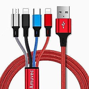 Multi Charging Cable, Amuvec[2Pack 4FT 3A] 4 in 1 Nylon Braided Multiple USB Fast Charge Cord with 2*IP Type C Micro USB Port Connectors Compatible Cell Phones Tablets and More