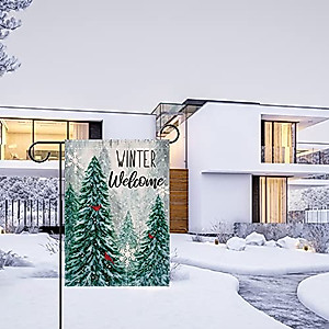 Artofy Winter Welcome Decorative Garden Flag Pine Trees, Snowy Forest Red Cardinal Birds House Yard Lawn Outdoor Burlap Flag, Farmhouse Outside Decoration Snowflakes Home Decor Double Sided 12 x 18