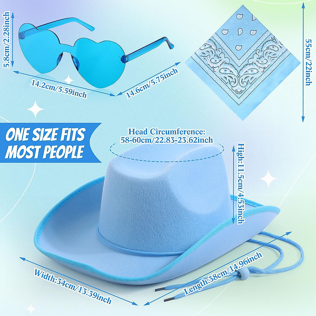 Geyoga 9 Pcs Cowboy Hat with Paisley Print Bandanas and Heart Shape Sunglasses for Halloween Cowboy Party Costume(Blue)