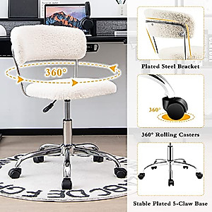 Giantex Home Office Chair, Faux Fur Low Back Swivel Leisure Chair w/Height Adjustable Padded Seat, Rolling Armless Vanity Chair w/Galvanized Steel Frame for Bedroom Study Guest Room, White