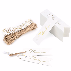 100Pcs Mini Thank You Gift Tags with String, High-end White Paper Gold Word Hang Tags with Jute Twine and Cotton Gold Twine for Arts and Crafts, WeddingHoliday, Thanksgiving, Birthday (2.75''x0.75'')