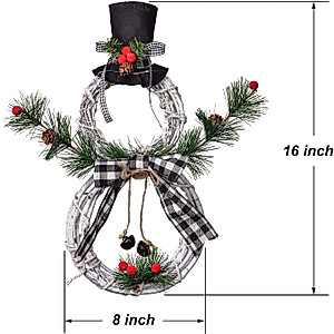 DearHouse Lighted Christmas Wreath Decoration, 16 x 8 Inch Grapevine Wreath with Hat and Bow Snowman Shape Wreath for Front Door Home Garden Wall Decor