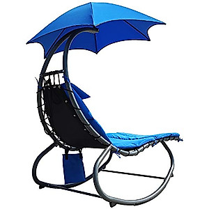 BalanceFrom Hanging Rocking Curved Chaise Lounge Chair Swing with Cushion, Pillow, Canopy, Stand and Storage Pouch, 330-Pound Capacity, Rocking Chair, Blue
