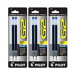 PILOT G2 Gel Ink Pen Refills, Ultra Fine Point, 0.38mm, Blue Ink, 6 Refills