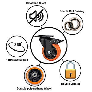 ASRINIEY Casters, 4" Caster Wheels，Casters Set of 4 Heavy Duty - Orange Polyurethane Castors, Top Plate Swivel Wheels, 4-Pack Industrial Casters with Brake, Locking Casters for Furniture and Workbench