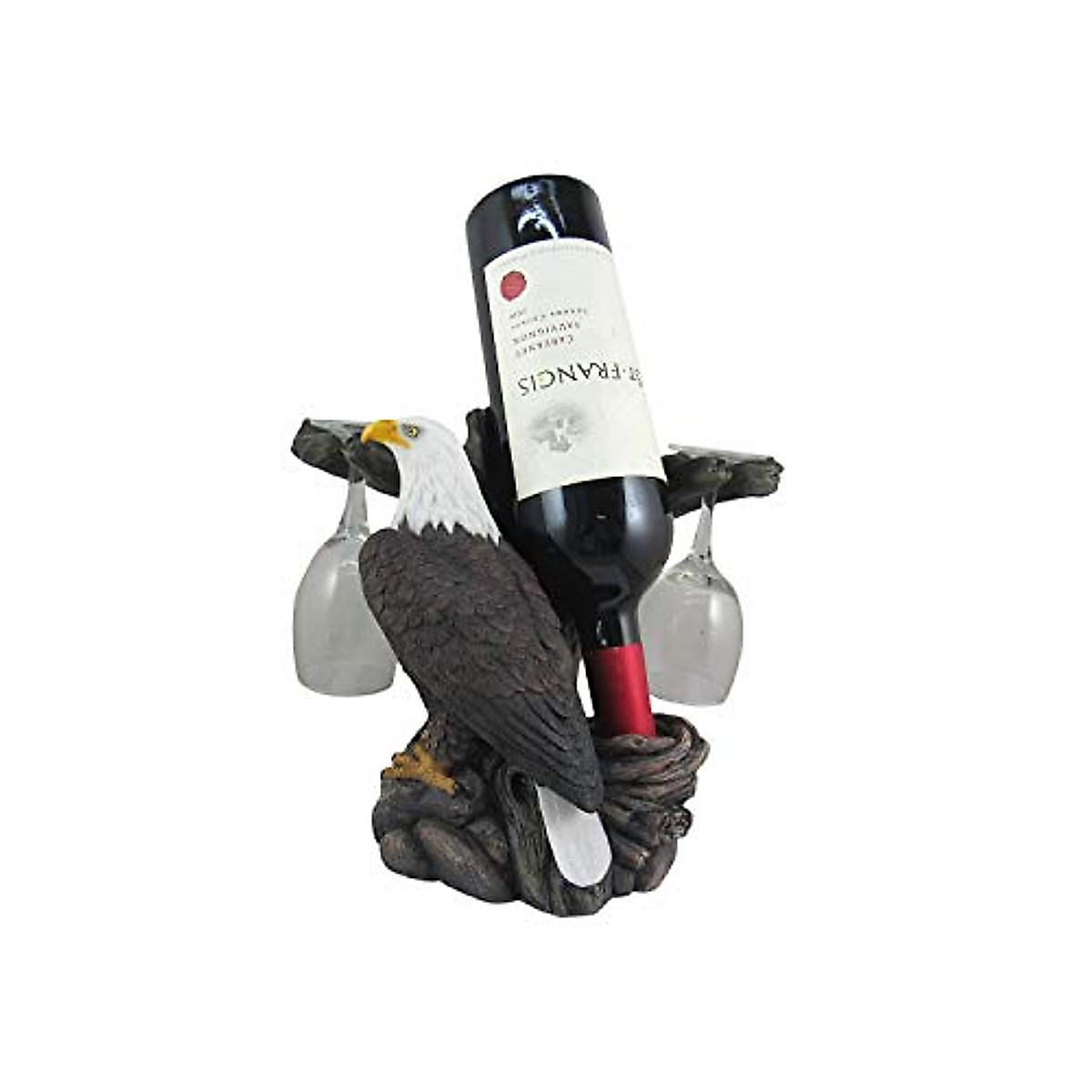 DWK "Liberation & Libations Bald Eagle Wine Bottle Holder with Wine Glasses (3 Piece Set) | Kitchen Accessories and Wine Bar Decor | Tabletop Wine Rack - 10"