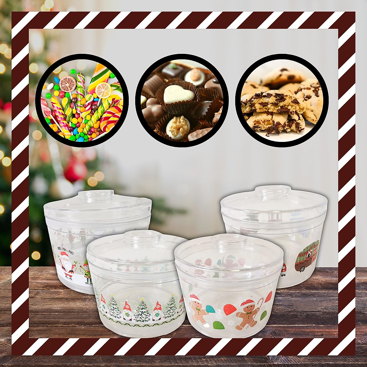 EB (4) Christmas Themed Stackable Plastic Containers with Lids 12.5 oz for Cookies Snack Candies Treats Food Storage Holiday Jars Home Kitchen Cabinet Organizer Gift Set Supplies (Design may Vary)