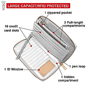 YZAOLL Women's Wallet RFID Blocking PU Leather Large Capacity Zip Around Credit Card Holder Cell Phone Checkbook Storage Bag Zipper Coin Purse,lightsilver