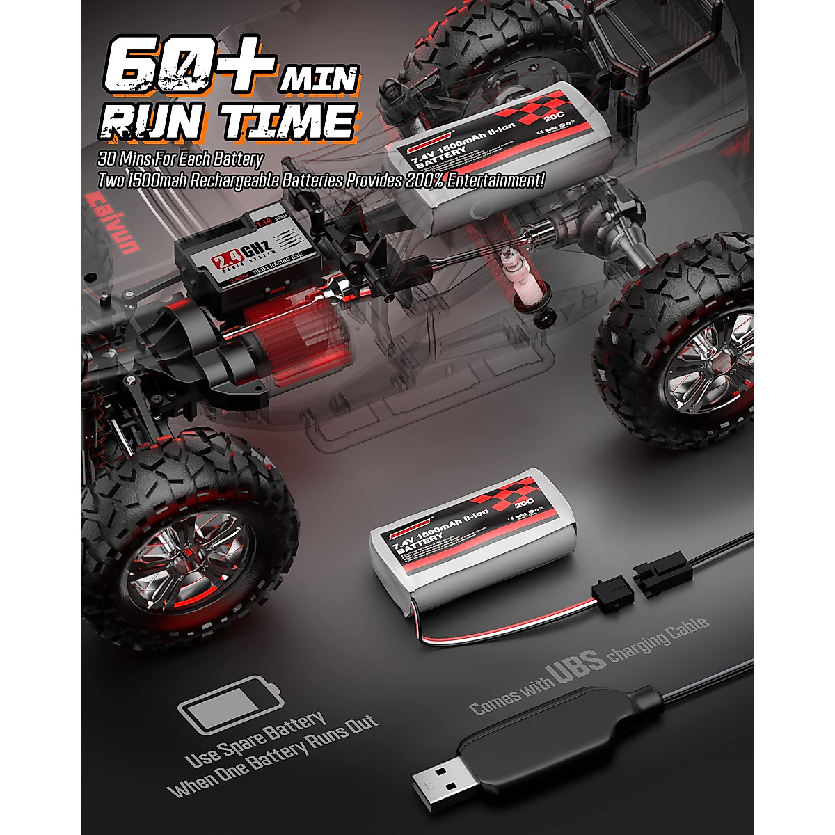 caivun 1:14 Scale Big RC Car, RC Cars 4WD Off Road Hobby Trucks 40+ KM/H High Speed Remote Control Car with Two 1500mAh Batteries, 2.4GHz All Terrain Toy Vehicle Crawler Gift for Adults Teens Boys