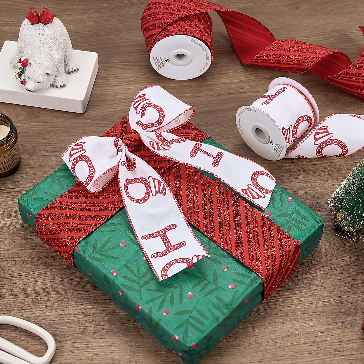 PAPER FAIR 4 Rolls 32 yd Red Glitter Candy Cane Christmas Wired Ribbon Set, 2.5 inch x 8yd Sequin Satin Burlap Ribbon for Xmas Tree Décor, Gift Wrap Box, Bow, Wreath, Garland, Floral DIY Craft