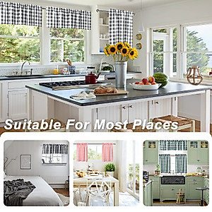 Hiasan 3 Piece Semi Sheer Black Kitchen Curtains Light Filtering Buffalo Checkered Tier and Valance Window Curtains Set