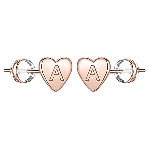 Heart Initial Stud Earrings for Girls, S925 Sterling Silver Rose Gold Plated Dainty Girls Earrings Hypoallergenic Letter A Initial Earrings for Women Girls Earrings for Girls