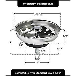 Highcraft FAUC97333-2 Kitchen Sink Basket Strainer Replacement for Standard Drains (3-1/2 Inch) Chrome Plated Stainless Steel Body With Rubber Stopper, Pack Of 2