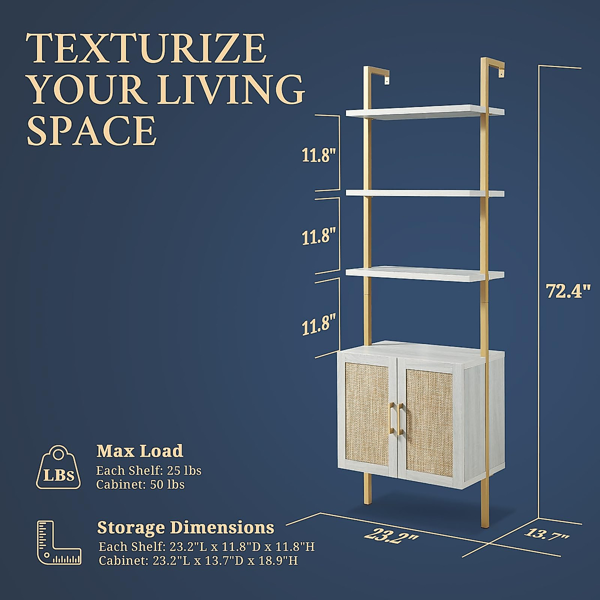 OAKHAM HOME 5 Tier Book Shelf, 73" Tall Bookshelf with Storage, Modern Bookcase with Shelves, Wall Mount Ladder Shelf with Steel Frame, Bookshelves with Rattan Cabinet for Living Room (Pale Oak)