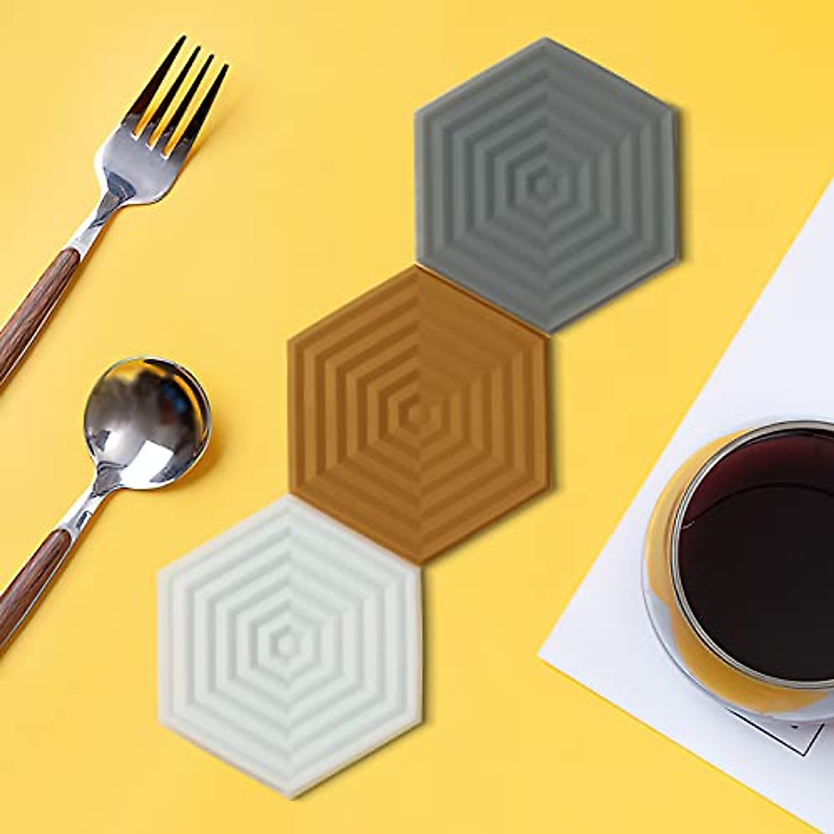 HOMKULA Silicone Coasters for Drinks - Coasters for Coffee Table, Drink Coasters for Wooden Table, 10mm Thick, Stain-Resistant, Non-Absorbent, Dishwasher Safe, Hexagon, Set of 6