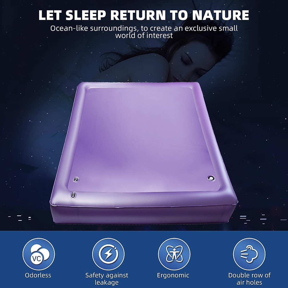 Free Flow Full Wave Water Bed Mattress - PVC Square Purple Softside Water Bed, Comfortable and Foldable Water Mattress Set for The Elderly, Children and Adults (King, 76x80x7.9inch)