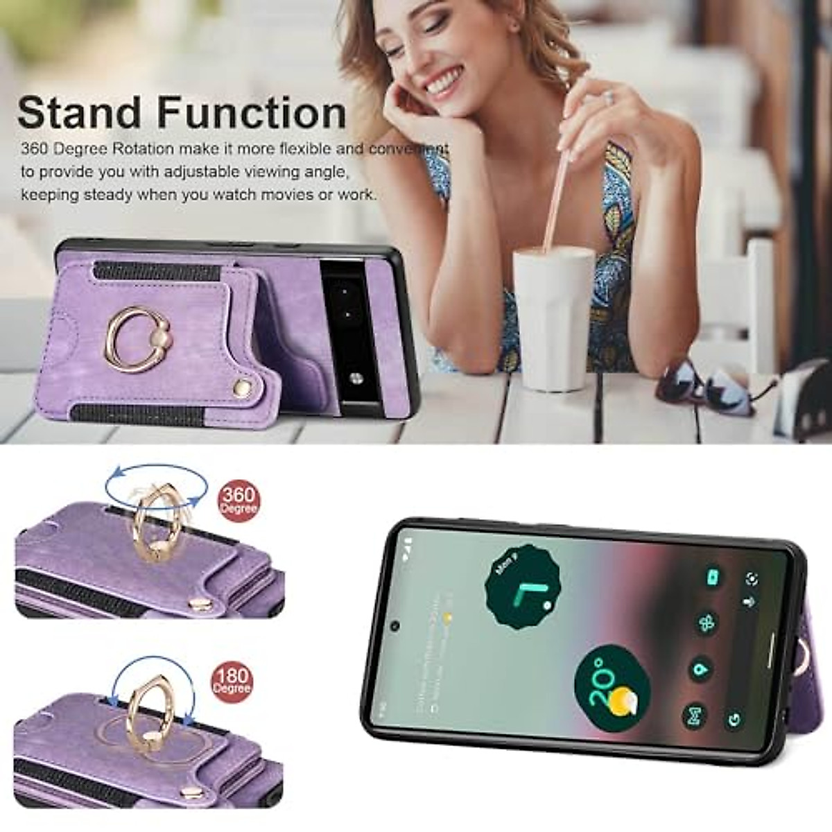 JanCalm for Google Pixel 6a Case Card Holder Wallet, Ring Stand, RFID Blocking, Wrist Strap, Camera Protector, Leather Magnetic Clasp Protective Cover for Google Pixel 6a (Purple)