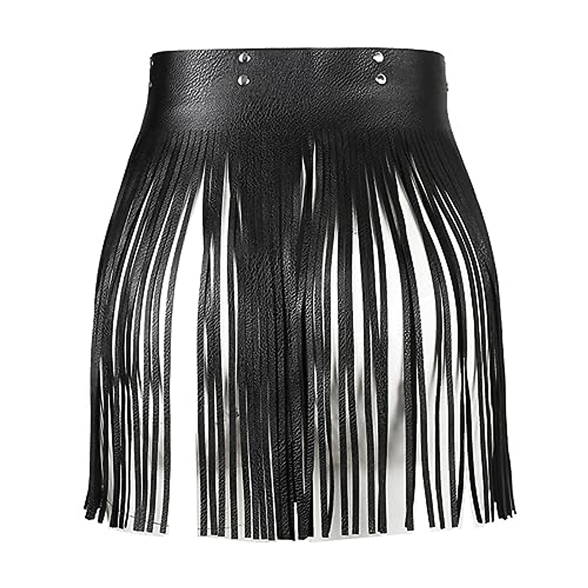 KKmeter Women's Faux Leather Waistband Fringe Tassel Skirt Hippie Boho High Waist Adjustable Double Waist Belt Skirt Clubwear (Black)