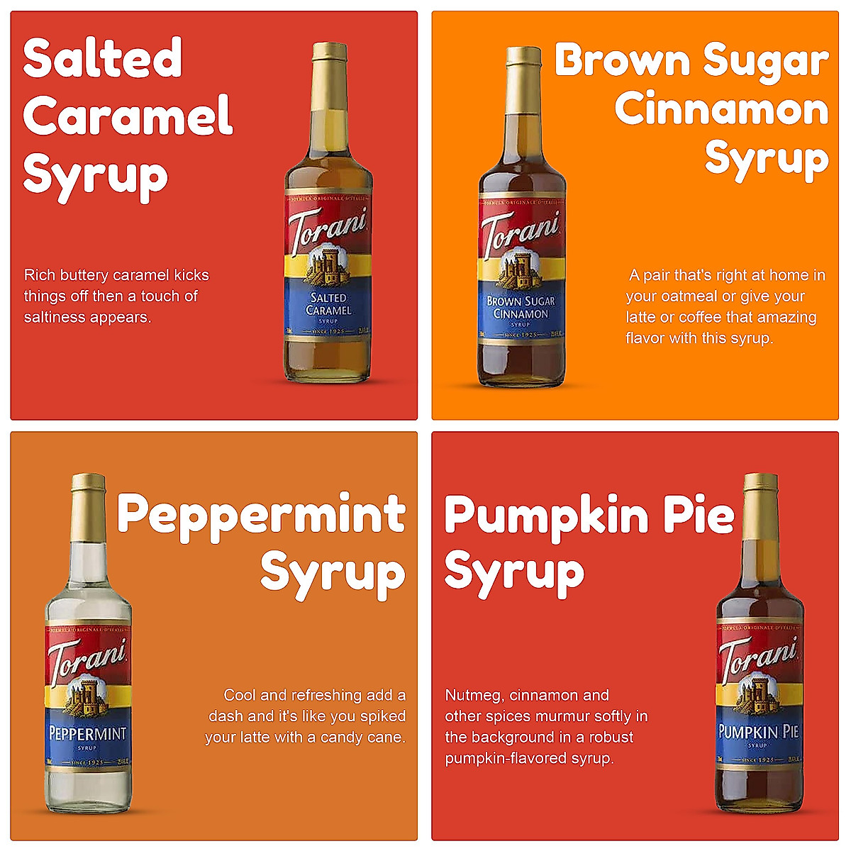 Fall Winter Syrup 4 Pack, Pumpkin Pie, Peppermint, Salted Caramel & Brown Sugar Cinnamon Coffee Soda Flavoring