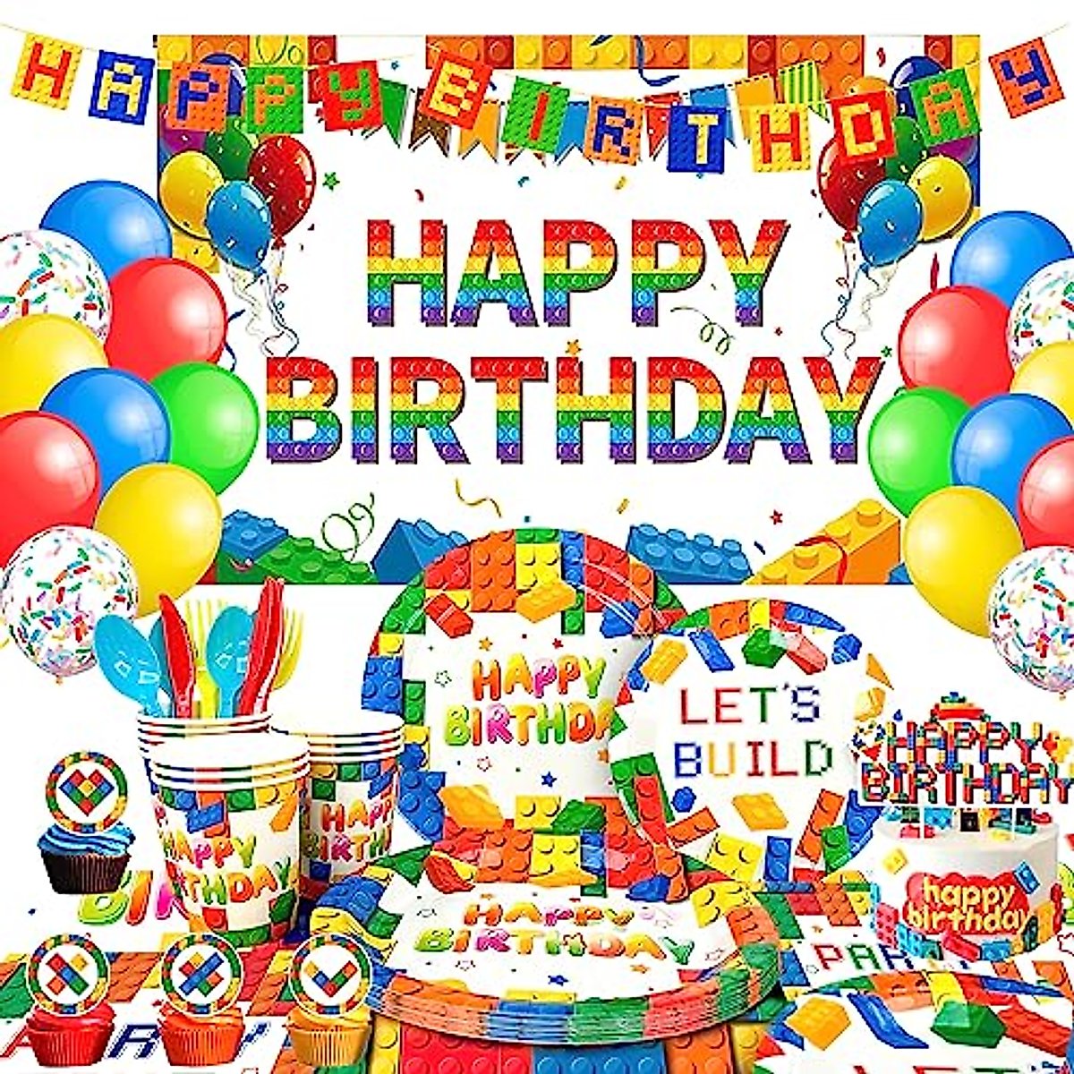 Building Blocks Birthday Party Supplies,114pcs Building Block Party Decorations&Building Blocks Tableware Set - Building Blocks Party Plates Napkins Backdrop Balloons etc Building Block Party Supplies