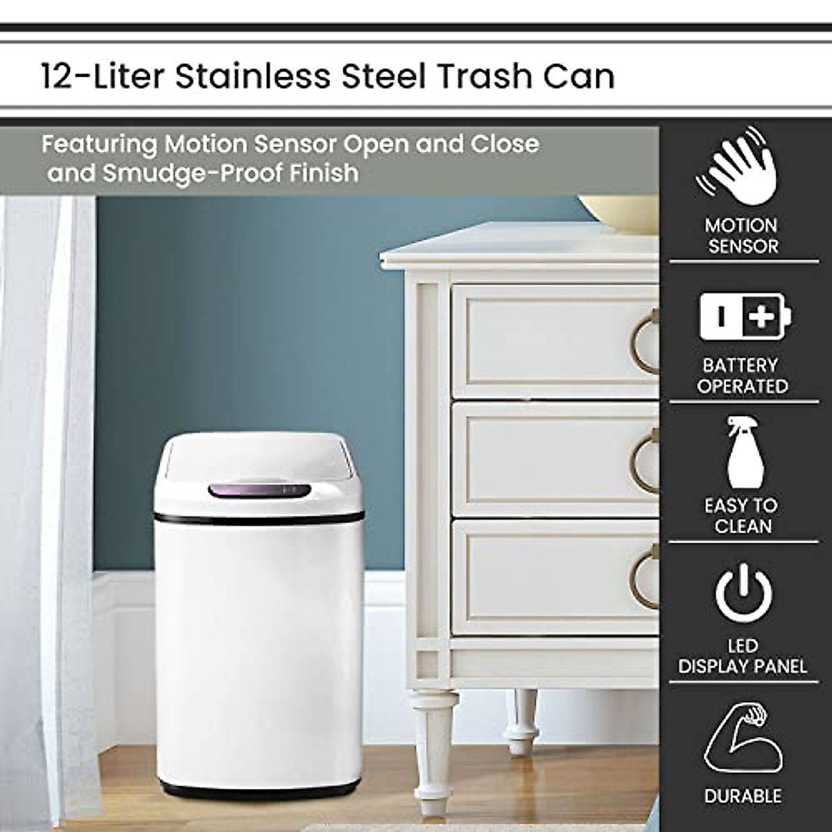 Hanover 12-Liter / 3.2-Gallon White 12 Liter / 3.2 Gallon Hands Free Garbage Bin, Fingerprint Resistant, Soft Close, Sensor Lid, 12L Trash Can 2