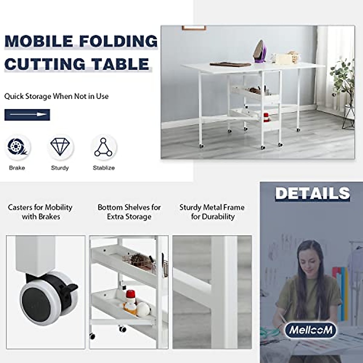 MELLCOM Home Hobby Craft Table with Storage Shelves, Mobile Folding Cutting Table for Large Fabric, Foldable Table for Home Office Sewing Room Craft Room, Fixed Height 35.5in