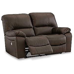Signature Design by Ashley Leesworth Modern Leather Match Power Reclining Loveseat with USB Ports, Dark Brown