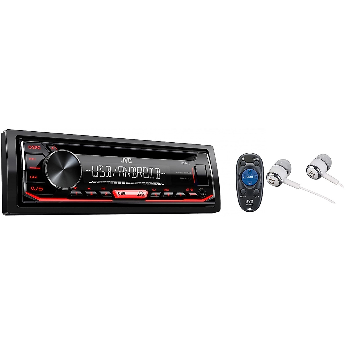 JVC Stereo Car Single DIN In-Dash CD MP3 Car Stereo Receiver Front USB AUX Inputs Android Control AM FM Radio Player with Remote Control / FREE ALPHASONIK EARBUDS
