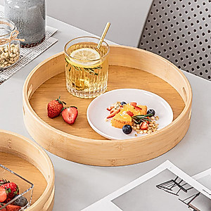 13.8 inch Bamboo Round Serving Tray, Wood Tray with Handles, Natural Wooden Tray for Ottoman, Kitchen/Coffee Table