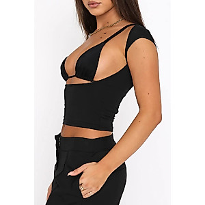 EFAN Women's Backless Tops Seamless Tee Summer 2024 Trendy Going Out Short Sleeve Crop Tops Open Back Y2k Shirts Cute Spring Tops Casual Fashion Clothing Teen Girls Black