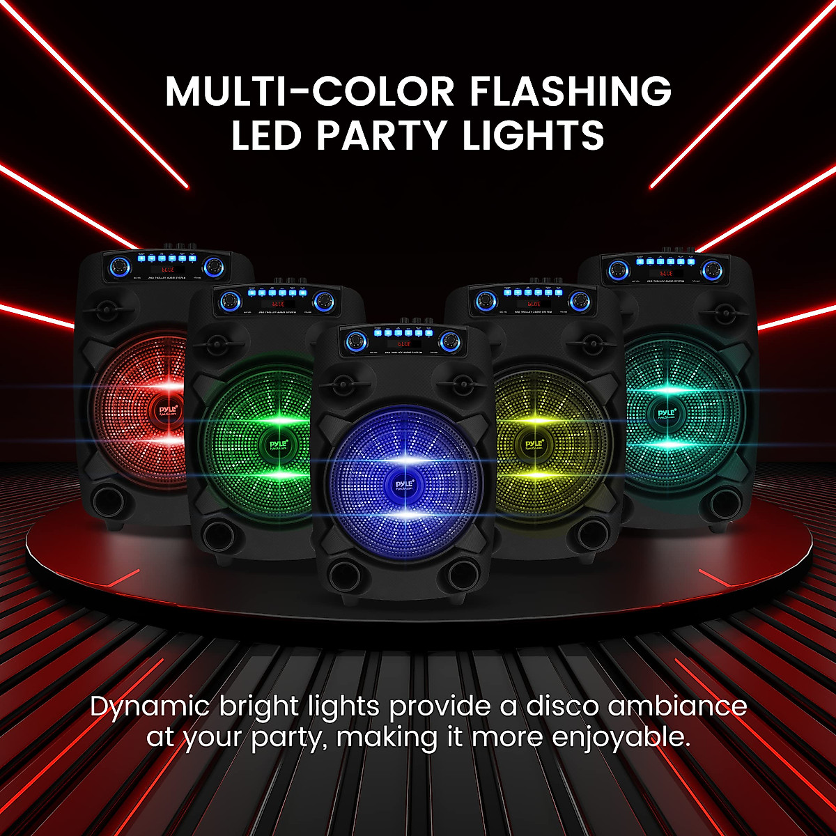 Pyle Portable Bluetooth PA Speaker System - 800W 12” Outdoor Bluetooth Speaker Portable PA System - Party Lights, USB SD Card Reader, FM Radio, Rolling Wheels - Wired microphone, Remote - PPHP127B