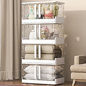 Storage Bins with Lids, 11 Gal Collapsible Storage Bins With Lids - Plastic Storage Bins with Lids, Large Closet Organizers and Storage, Double Door Stackable Storage Bins for Clothes (4 Pack)