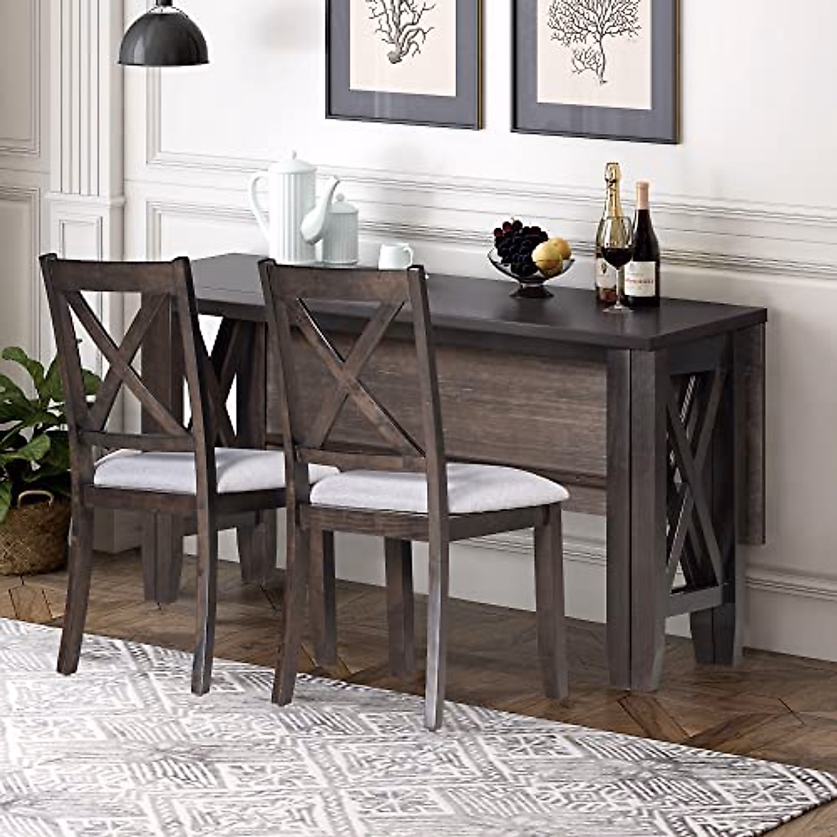 KoiHome Rustic, Family Solid Wood Space Saving 4 Chairs and Bench with Cushion Room, Distressed Finish, Set of 6 (Espresso), 6-Piece Foldable Dining Table Set