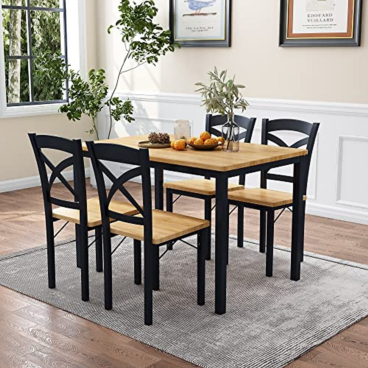 Voohek 5 Piece Counter Height Dining Set Rubber Wood Console Table with Metal Frame and 4 Chairs for Small Places, Breakfast Nook, Oak