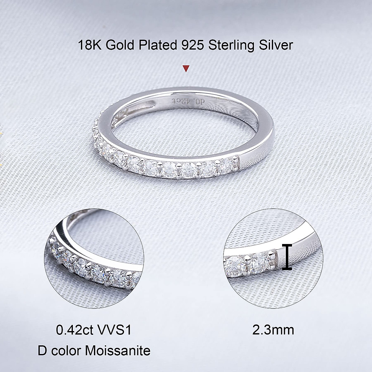 Ladylike Moissanite Wedding Band 18K White Gold Plated 925 Sterling Silver Wedding Rings 0.42ct D Color VVS1 Lab Created Diamond Half Eternity Wedding Band Stackable Ring for Women (7.5)