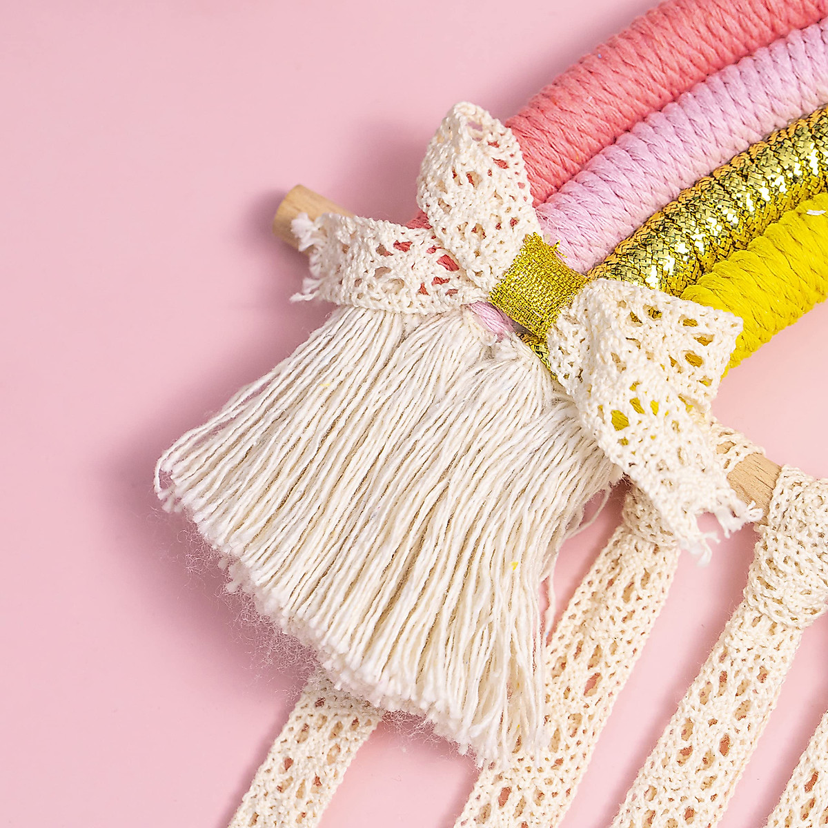 WAKOEGOFU Rainbow Tassels Hair Bows Holder Hanging - Baby Hair Accessories Storage Headband Holder Hair Clips Organizer Wall Hanger Decor for Baby Girls Room Ornament (Pink Yellow)