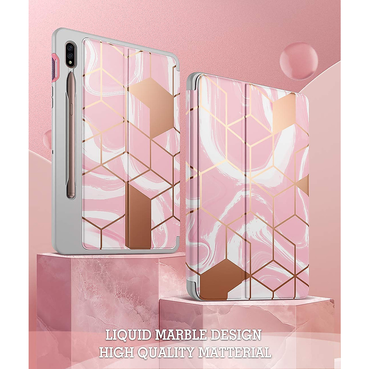 Popshine Marble Series Designed for Samsung Galaxy Tab S7 / S8 Case, Full Body Premium 360 Degree Protective Folio Cover with Built-in Screen Protector, Liquid Marble Pink
