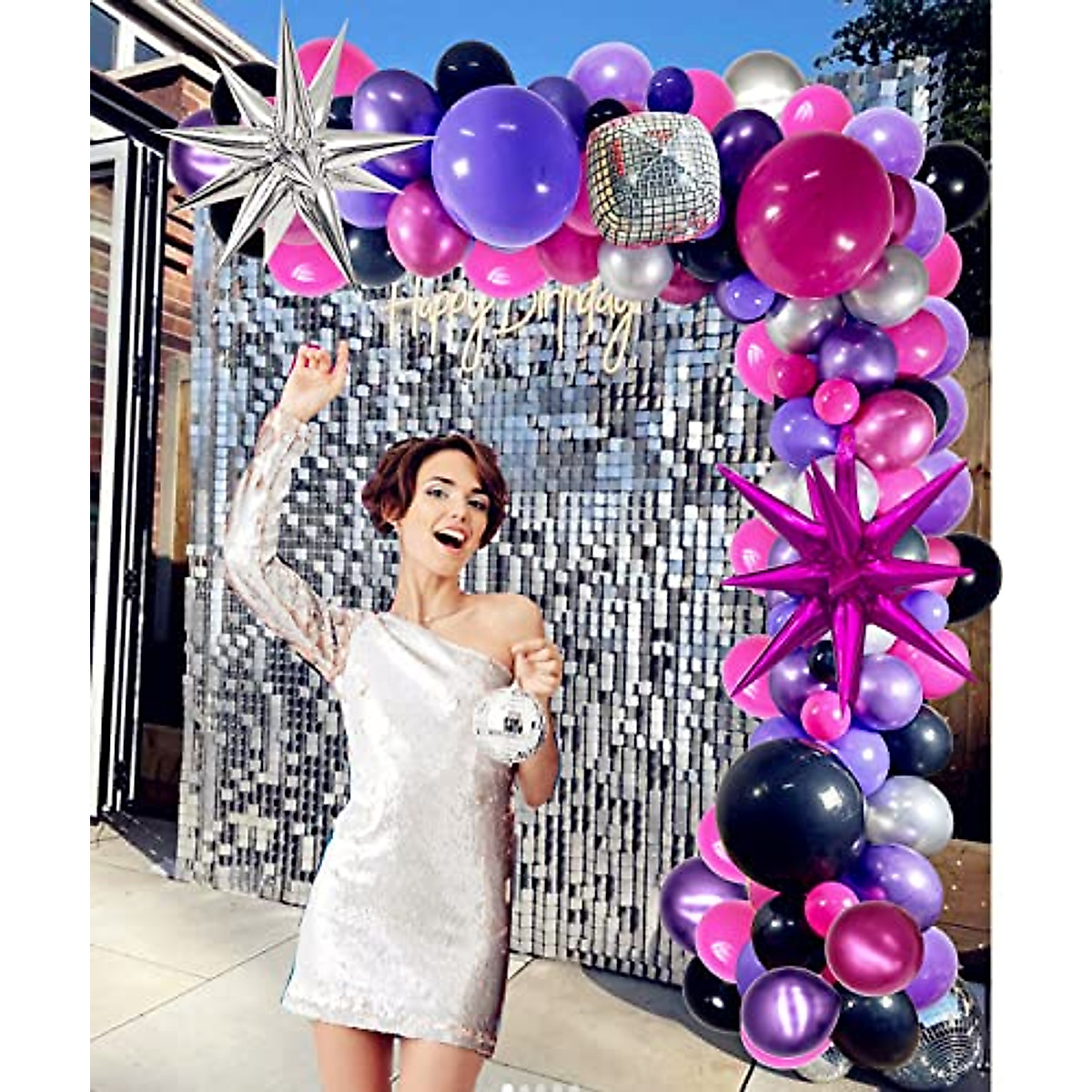 Women Birthday Disco Party Decorations, Girls Birthday Party Balloons Black Purple Rose Red Metallic Silver Explode Star Mylar Silver Disco Ball Balloon for Females Bachelorette Hip Pop Party Decor