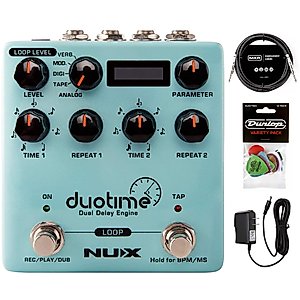NUX Duotime Stereo Delay Pedal Bundle with MXR Instrument Cable, Dunlop Pick Pack, and Power Supply