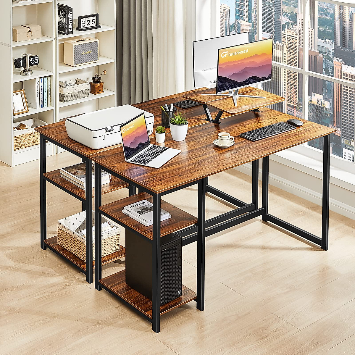 GreenForest Computer Home Office Desk with Monitor Stand and Reversible Storage Shelves,55 inch Modern Simple Writing Study PC Work Table,Walnut