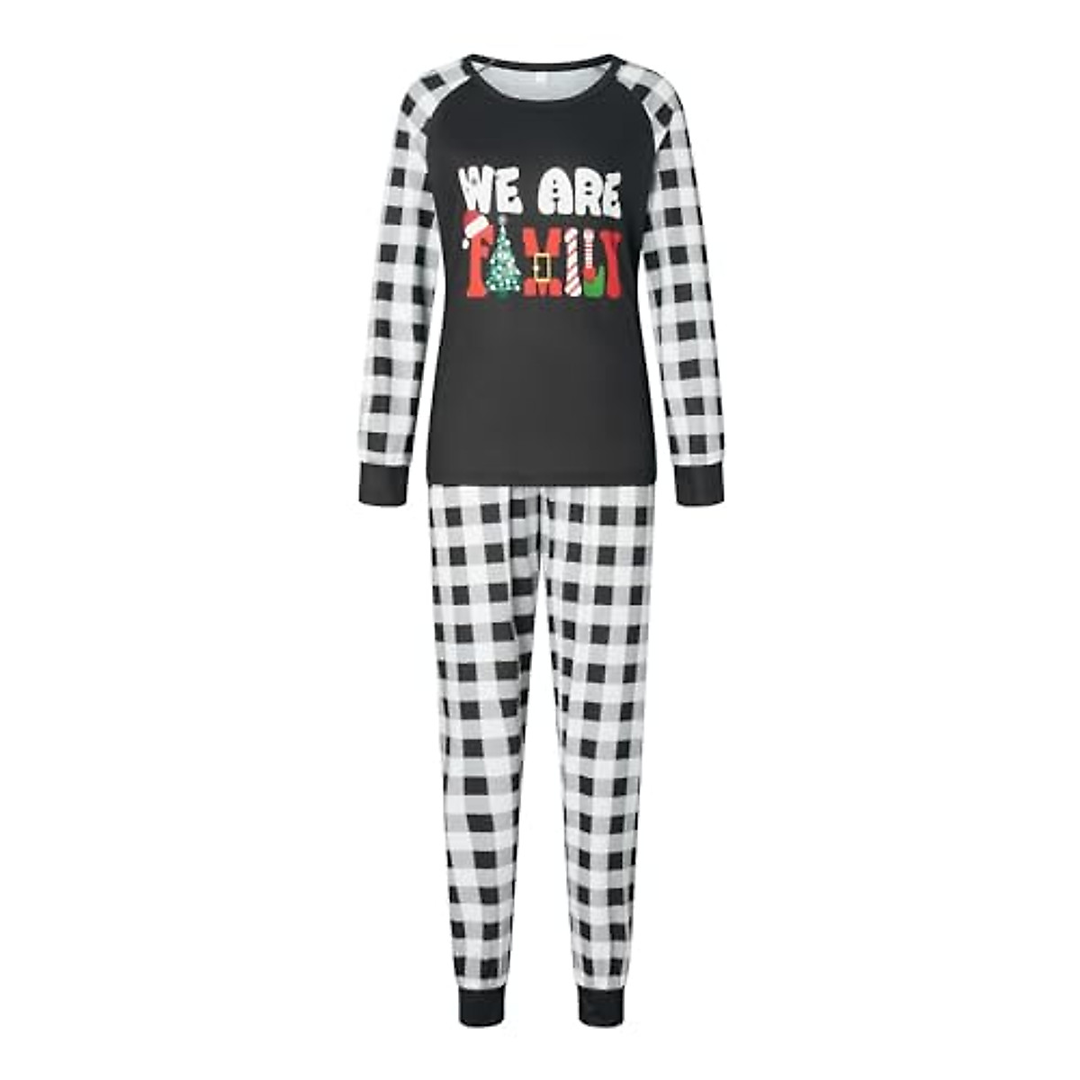 Women Black White Plaid We Are Family Christmas Pjs Matching Sets Xmas Holiday Pajamas for Adult Kids Baby Dog Xmas Family Sleepwear Home Loungewear M