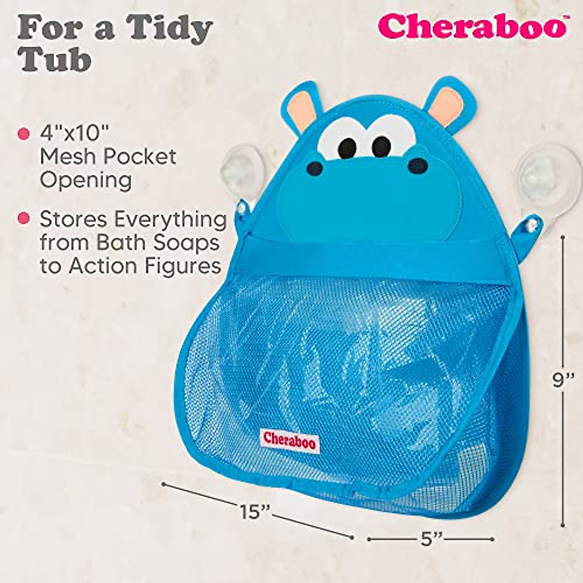 CHERABOO Bath Toy Storage Hurley Hippo Kids, Toddlers, Baby Bath Organizer | Tub, Bathtub, Bathroom Toy Holder | Quick dry net, two suction cups | Shower Caddy Mesh Basket (Blue)