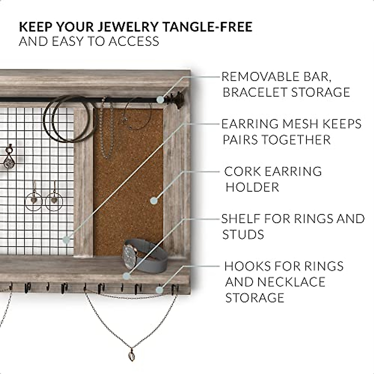 Barnyard Designs Wall Mounted Hanging Jewelry Organizer, Earring, Necklace and Bracelet Hanger with Ring Shelf, Rustic Wood Jewelry Holder Storage Display Rack, Large, Whitewashed Wood, 16.5" x 13"