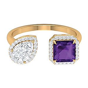 Natural Amethyst Open Cuff Ring with Halo, Toi Et Moi Engagement Jewelry for Women, 14K Yellow Gold, Size:US 6.50
