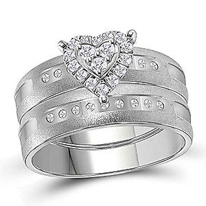 Solid 14k White Gold His and Hers Round Diamond Heart Matching Couple Three Rings Bridal Engagement Ring Wedding Bands Set 1/4 Ct. - (L = 7, M = 11.5)